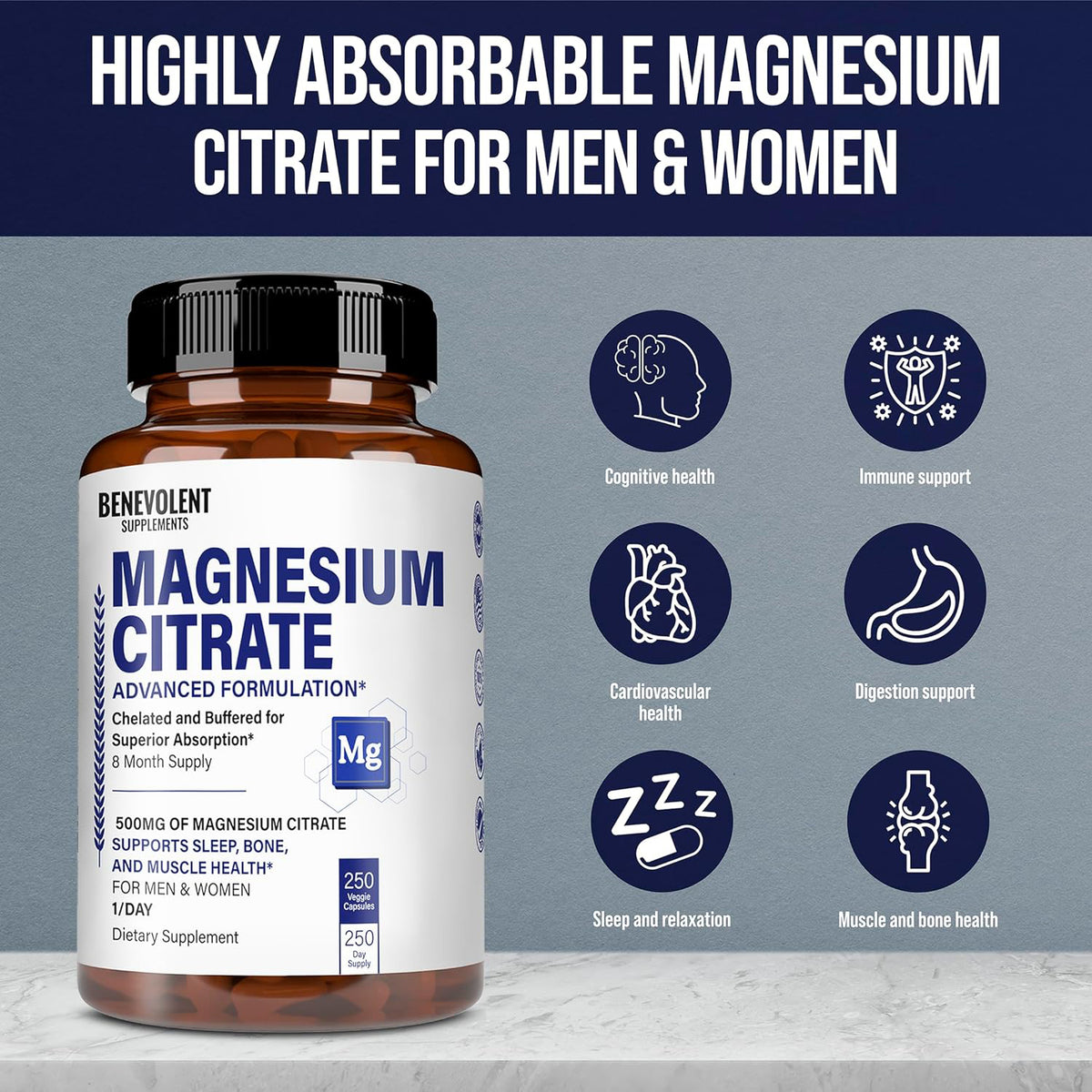 Magnesium Citrate 500mg for Sleep, Bone & Muscle Health (250 servings)