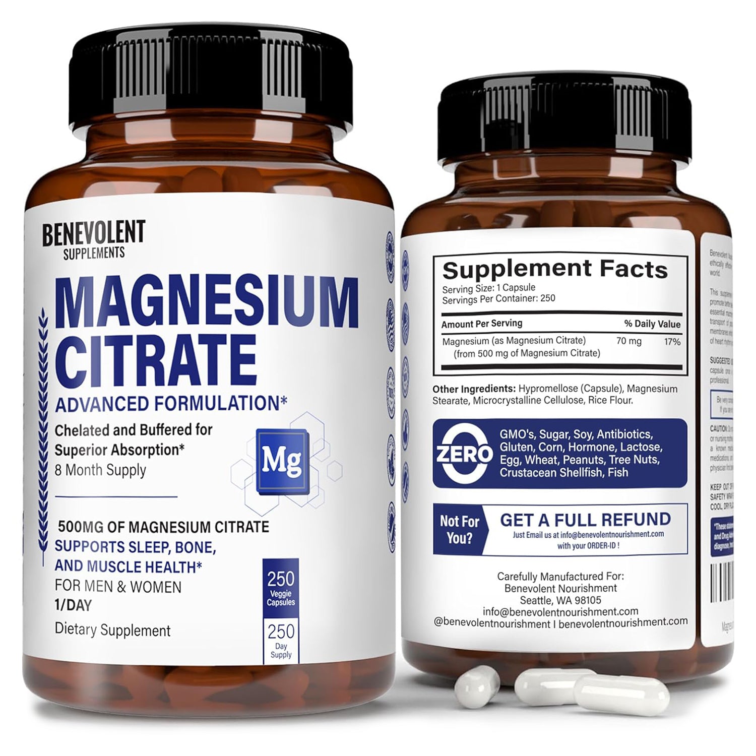 Magnesium Citrate 500mg for Sleep, Bone & Muscle Health (250 servings)