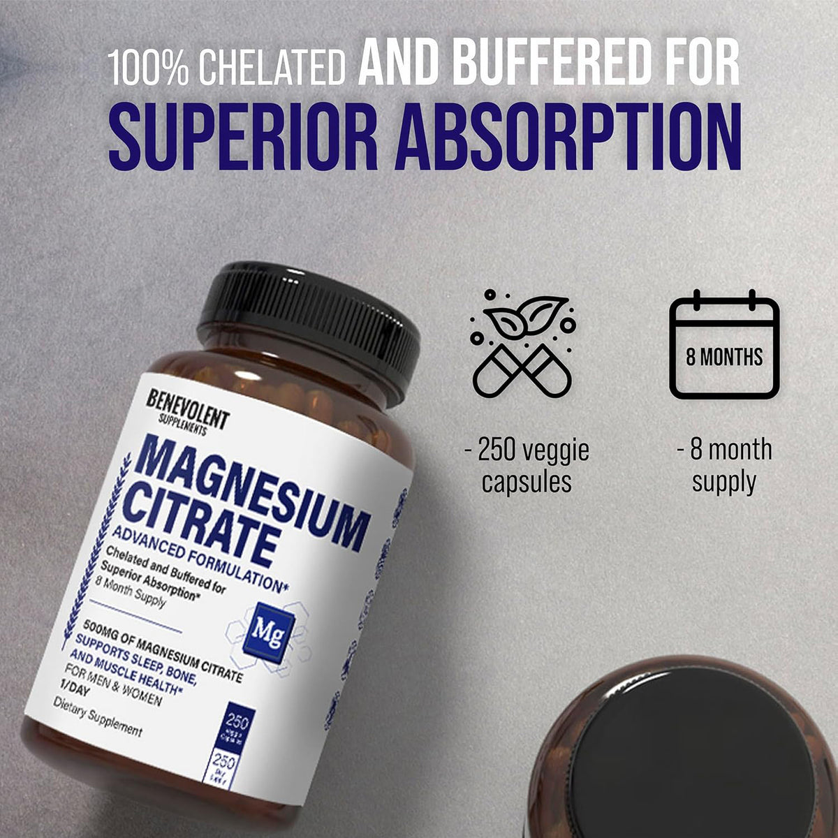 Magnesium Citrate 500mg for Sleep, Bone & Muscle Health (250 servings)