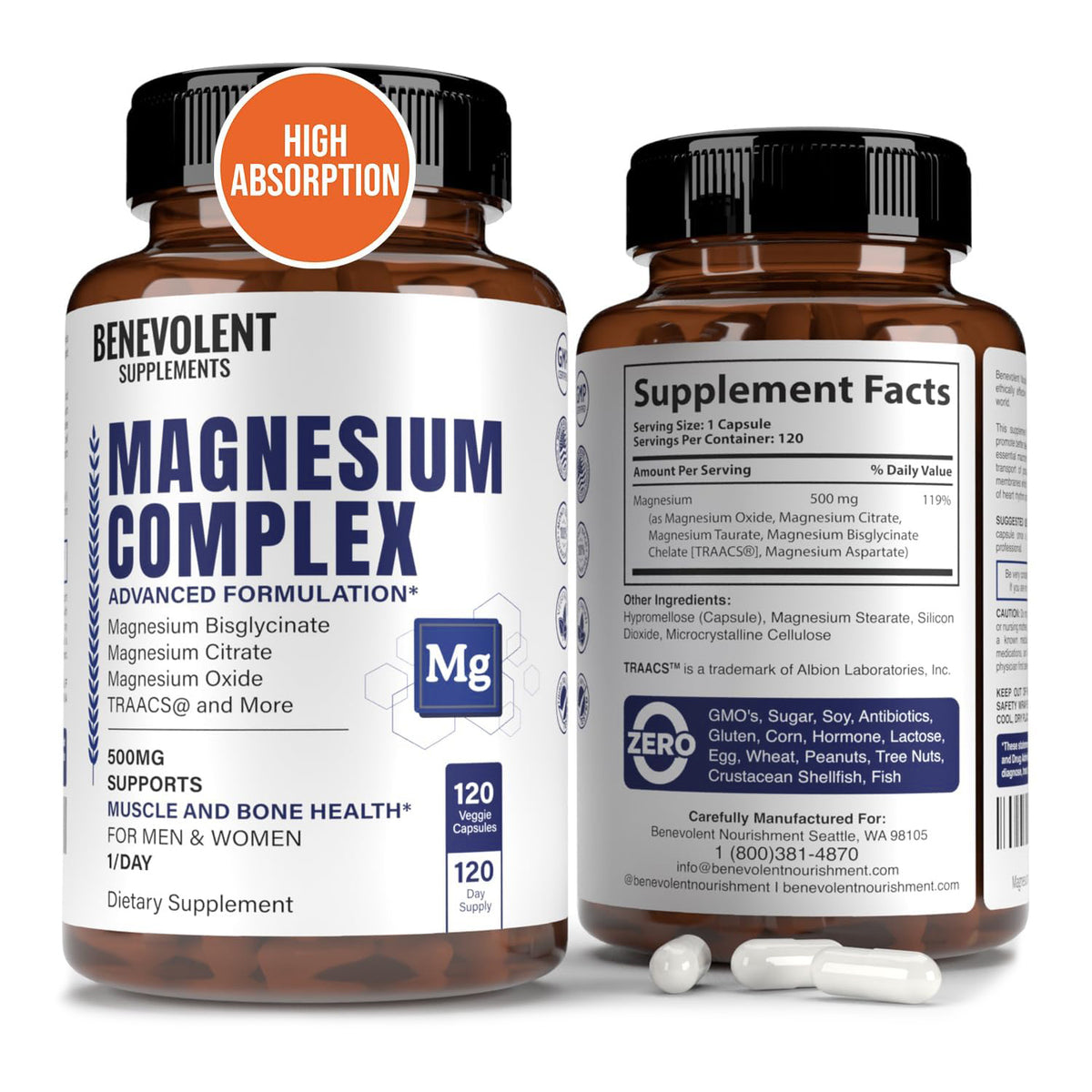 Magnesium Complex 500 mg for Calm, Sleep, Aches & Pains (120 servings)