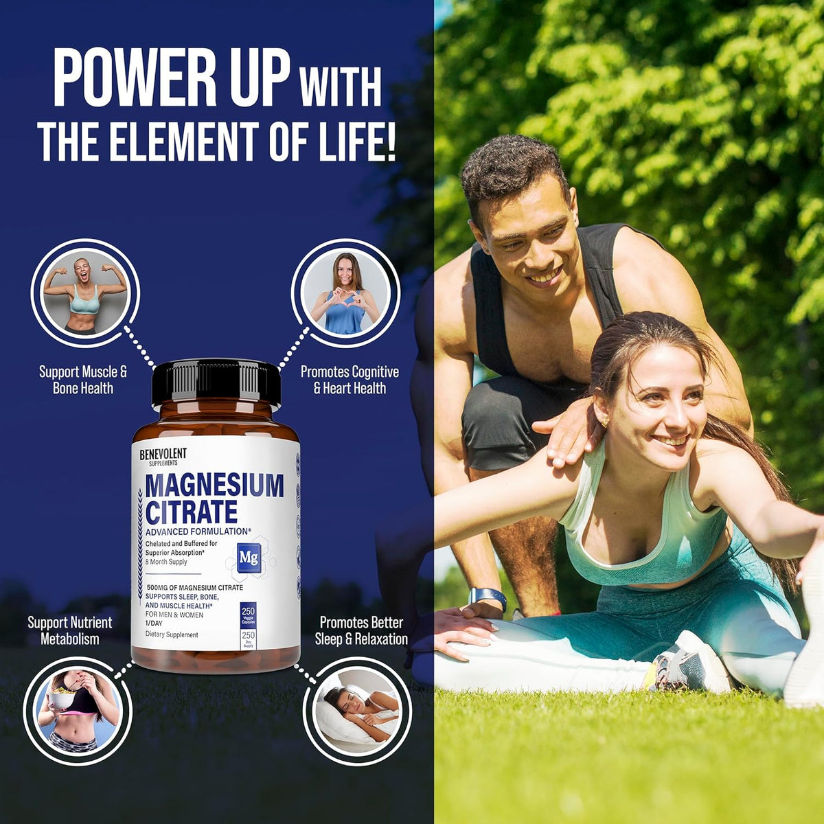 Magnesium Citrate 500mg for Sleep, Bone & Muscle Health (250 servings)